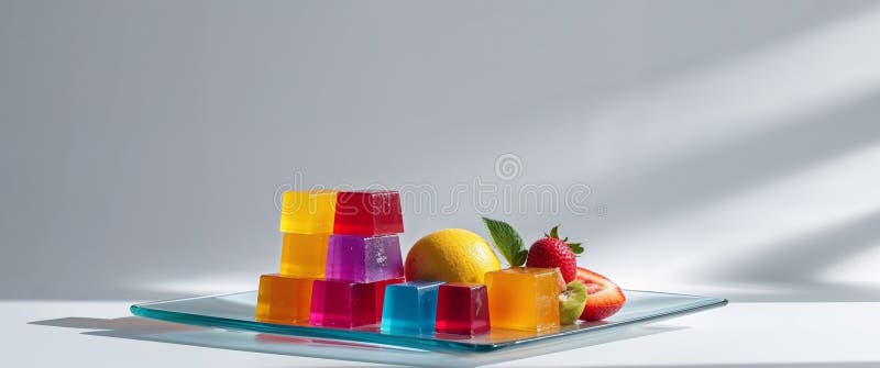Colorful Jelly Blocks with Fresh Fruit on Square Glass Plate Stock ...