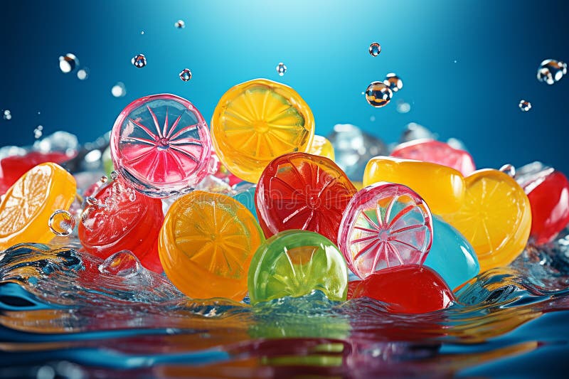 Colorful Jelly Candy Shaped Orange Fruit with Water Splash on Light ...