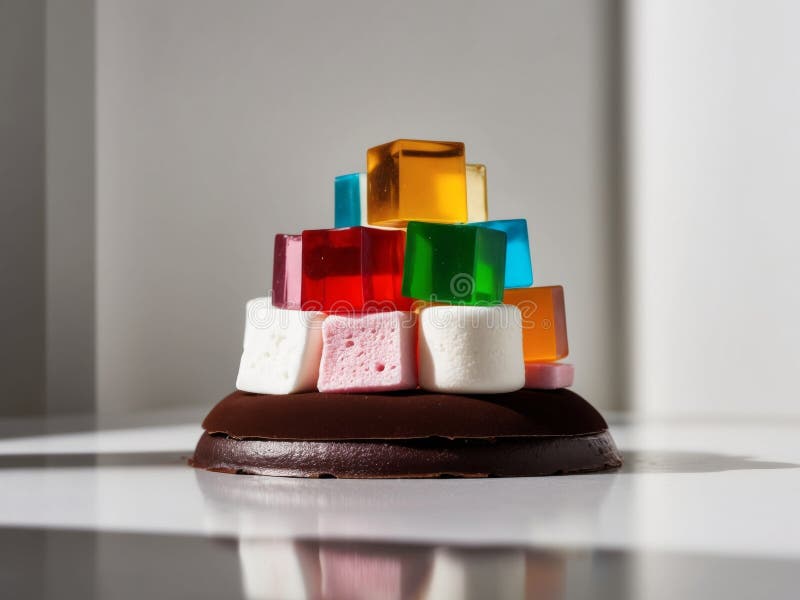 Colorful Jelly Cubes and Marshmallows with Chocolate Stack. Stock Image ...