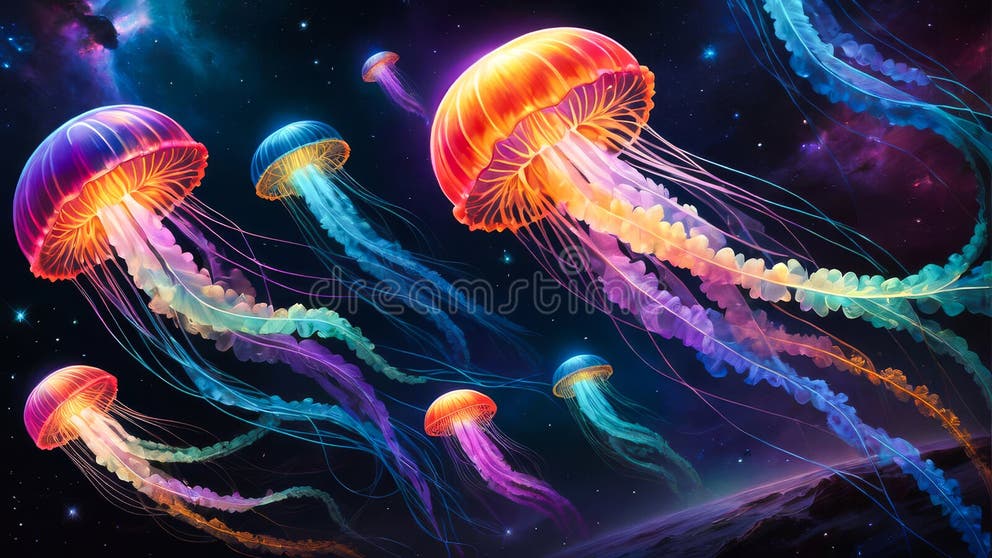 Colorful Jellyfish with a Rainbow Tail is Flying through Space Stock ...