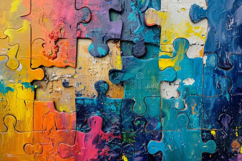 Colorful Jigsaw Puzzle Pieces with Paint Splashes Create an Abstract ...