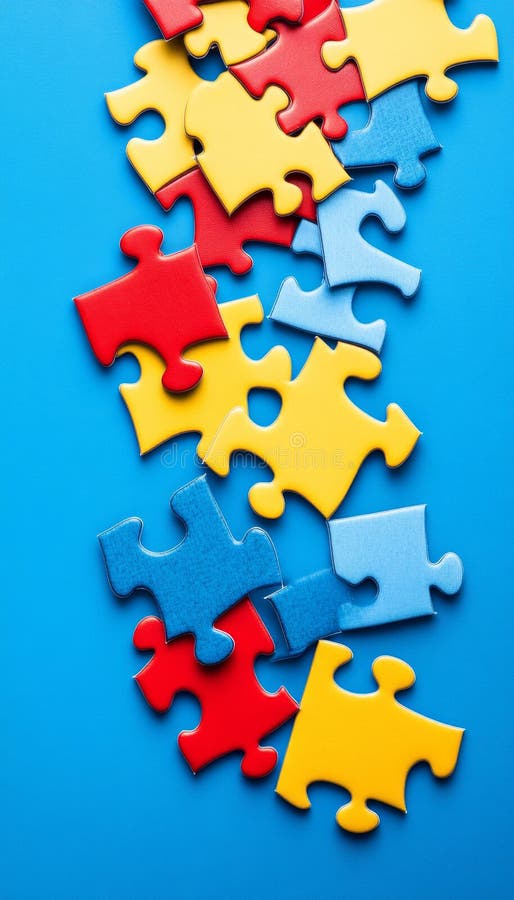 Colorful Jigsaw Puzzle Pieces Scattered on Blue Background, Concept of ...
