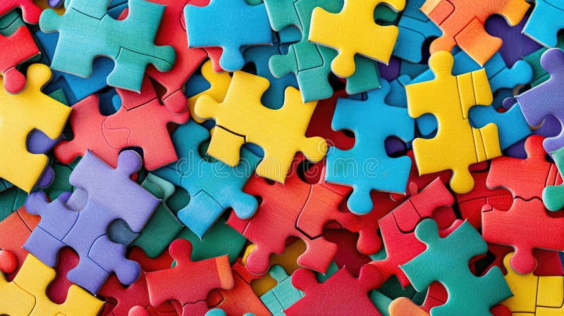 Colorful Jigsaw Puzzle Pieces Scattered on a Flat Surface. Autistic ...