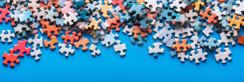 Colorful Jigsaw Puzzle Pieces Scattered on a Vibrant Blue Background a ...