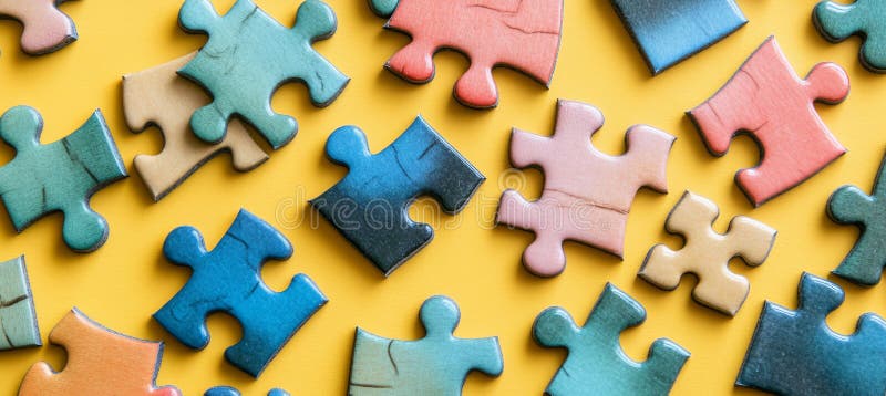 Colorful Jigsaw Puzzle Pieces Scattered on Yellow Background, Concept ...