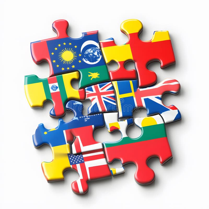 Colorful Jigsaw Puzzle Pieces with Various Flags on White Background ...