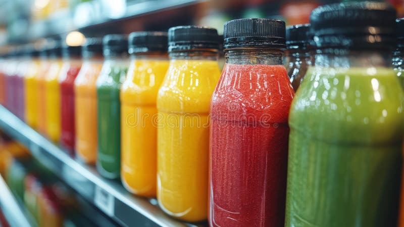 Colorful Juice Bottles on a Supermarket Shelf. Stock Photo - Image of ...