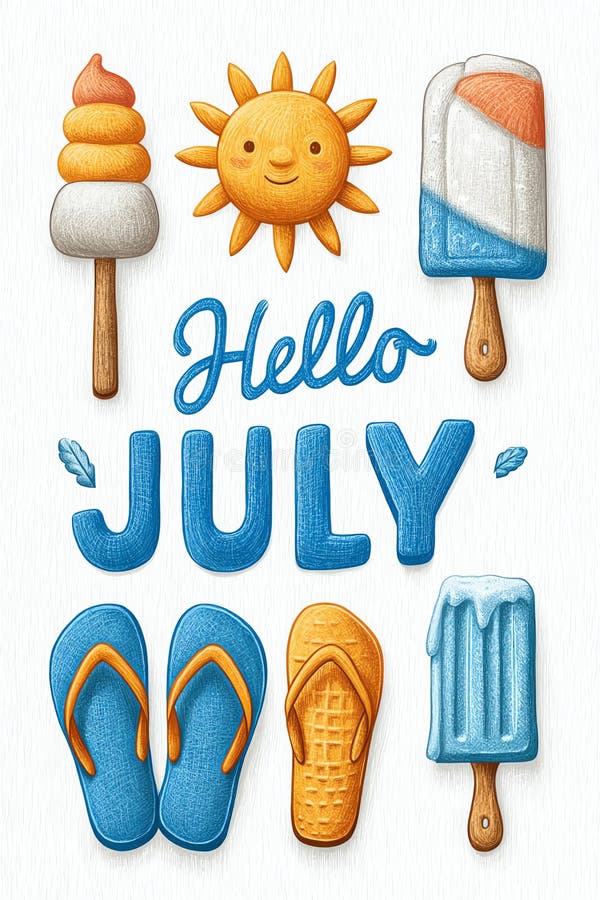 Hello July Illustration with Sun, Flip Flops, and Ice Pops Stock ...