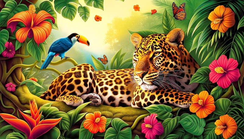 A Colorful Jungle Scene with a Leopard Laying Down. Concept of Peace ...