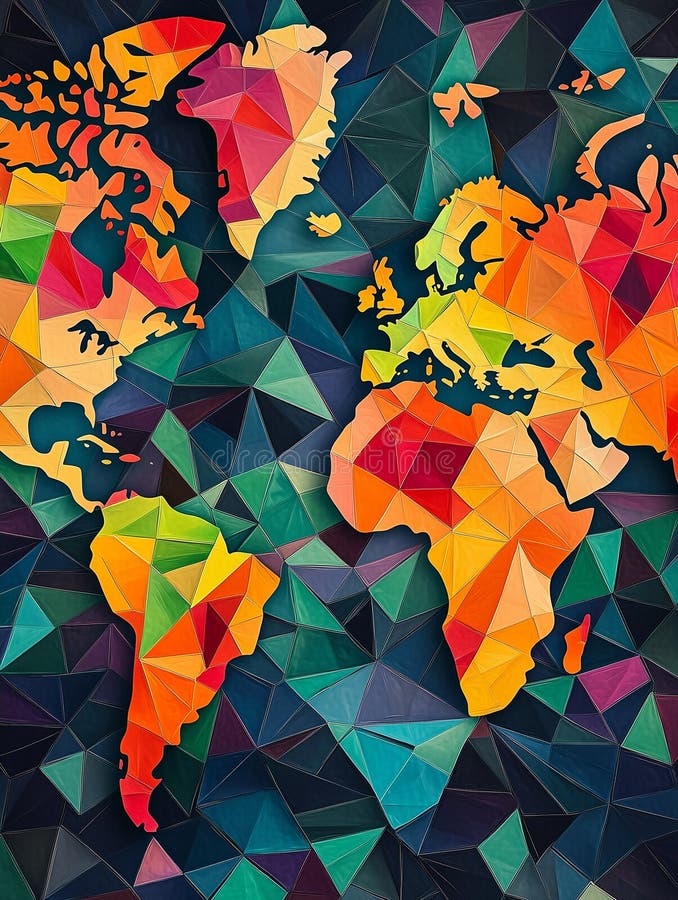 Colorful Kaleidoscopic World Map Design Featuring Vibrant Triangular ...