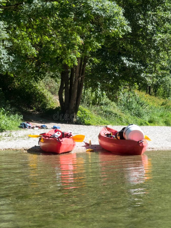 Colorful Kayaks Ready To Kayaking in Spring River Water Stock Image ...