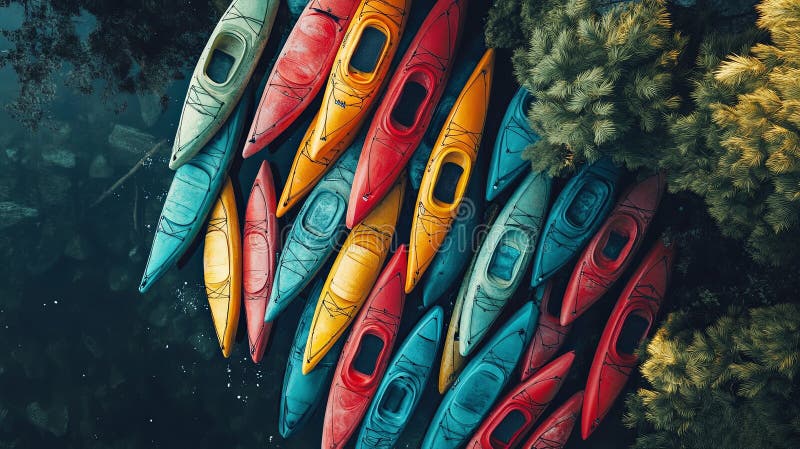 Colorful Kayaks Stacked by Riverside. Stock Image - Image of paddle ...