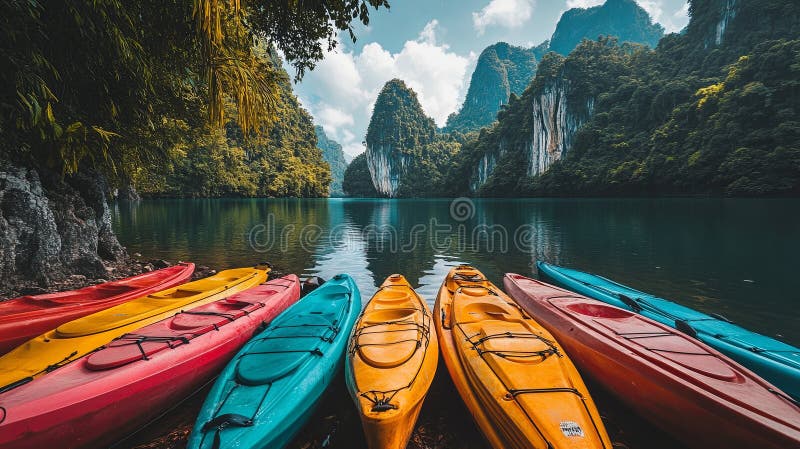 Colorful Kayaks Stacked by Riverside. Stock Photo - Image of beach ...
