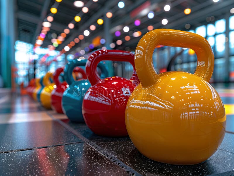Colorful Kettlebells of Different Weights Arranged in Rows Stock ...