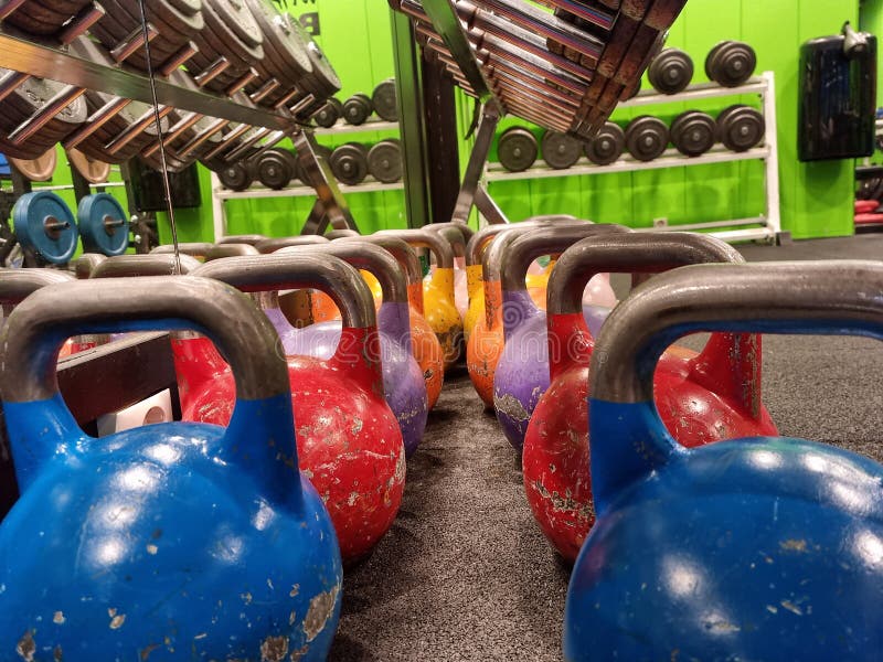 Colorful Kettlebells in the Gym with Different Weights Stock Photo ...