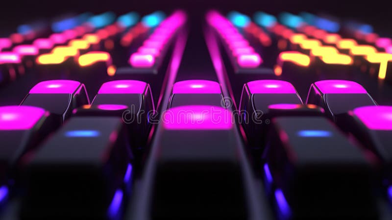 Colorful Keyboard Keys Glowing in Dark Studio; Digital Music Production ...