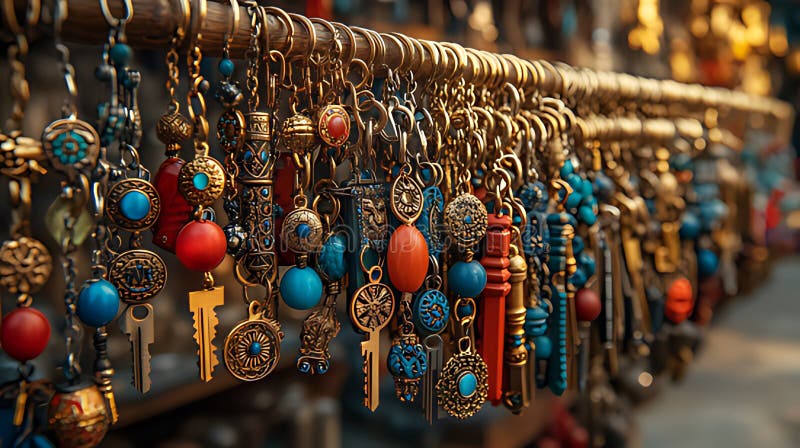 Colorful Keychains Displayed at Bustling Market Stall Stock ...