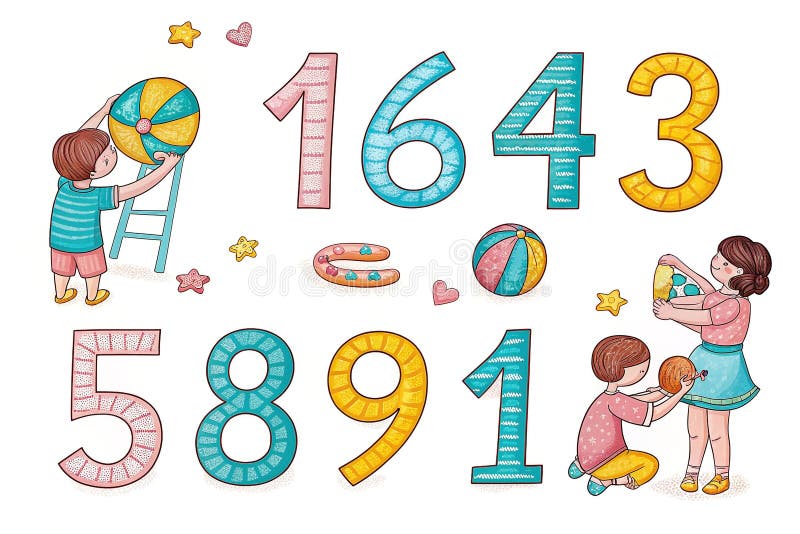 Colorful Kids Playing with Numbers and Balls, Learning Math Stock ...