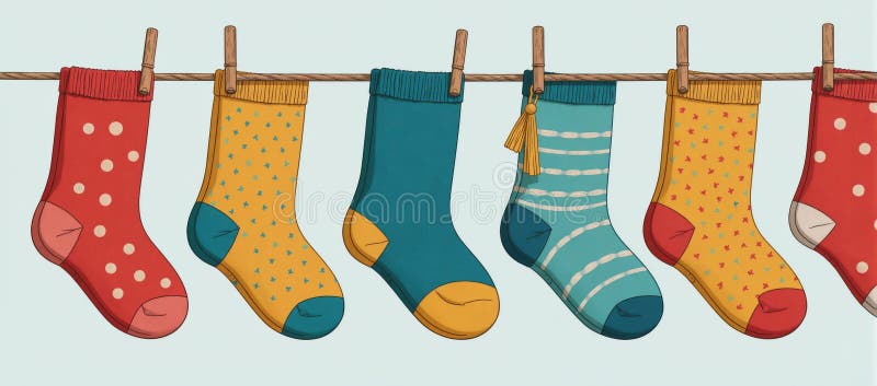 Colorful Kids Sock Design on a Laundry Line Vector Style with Detailed ...