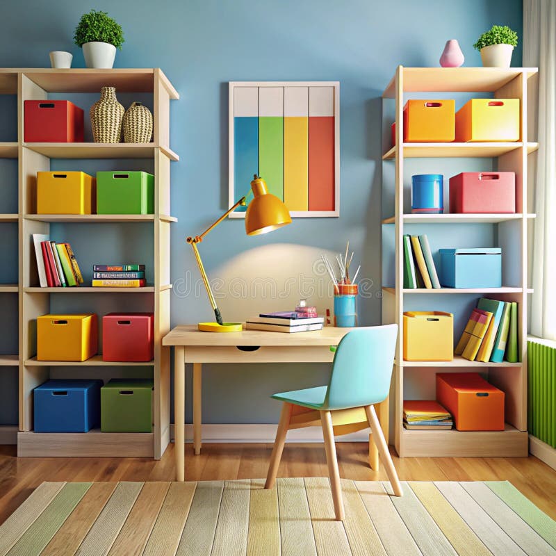 Colorful Kids Study Area with Bright Storage Solutions Stock ...