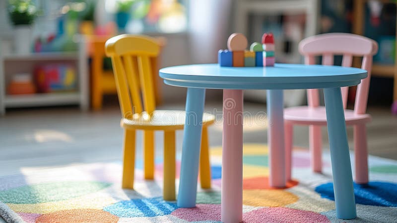 Colorful Kids Table and Chairs in a Playroom. Stock Image - Image of ...