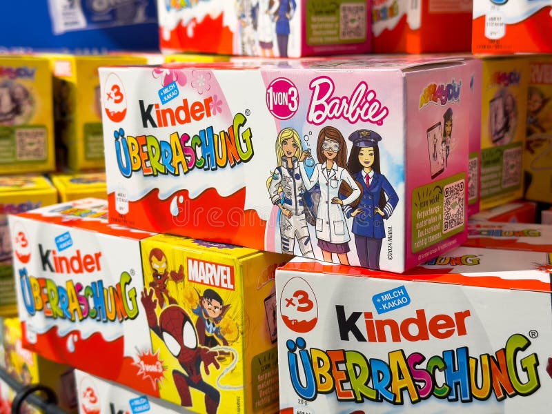 Colorful Kinder Surprise Boxes Featuring Barbie and Marvel Themes in ...