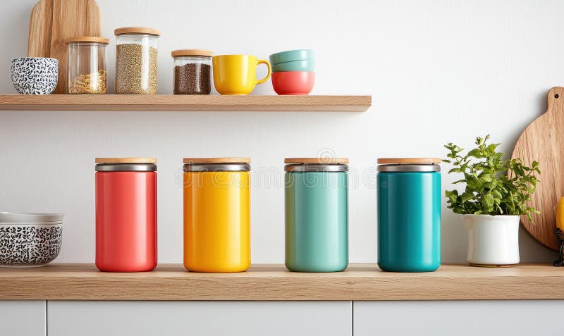 Colorful Kitchen Canisters and Jars Displayed on Shelves, Creating a ...