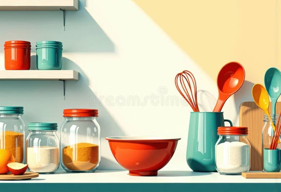 Colorful Kitchen Counter Setup for Baking with Organized Ingredients ...