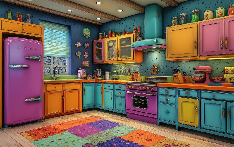 Colorful Kitchen Interior Design with a Retro Style Stock Illustration ...