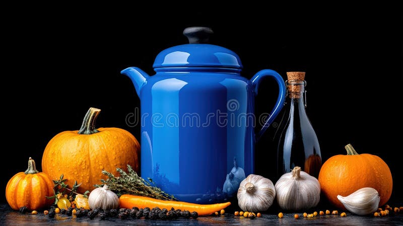 Colorful Kitchen Still Life with Pumpkins Garlic Herbs and a Blue ...