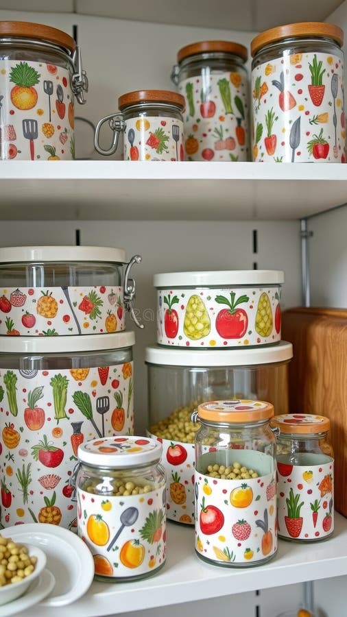 Colorful Kitchen Storage Jars with Fruit and Vegetable Patterns on ...