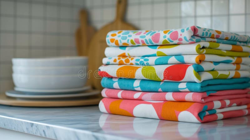 Colorful Kitchen Towels Stack on Counter with Plates Stock Photo ...