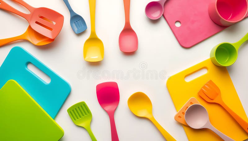 Colorful Kitchen Utensils and Cutting Boards, Stock Image - Image of ...