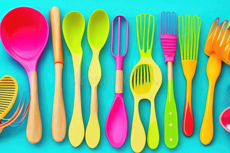 Colorful kitchen utensils stock illustration. Illustration of whisk ...