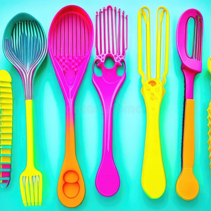Colorful kitchen utensils stock illustration. Illustration of cutlery ...