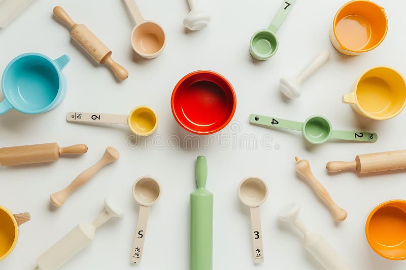 Colorful Kitchen Utensils and Measuring Cups Arranged on White ...