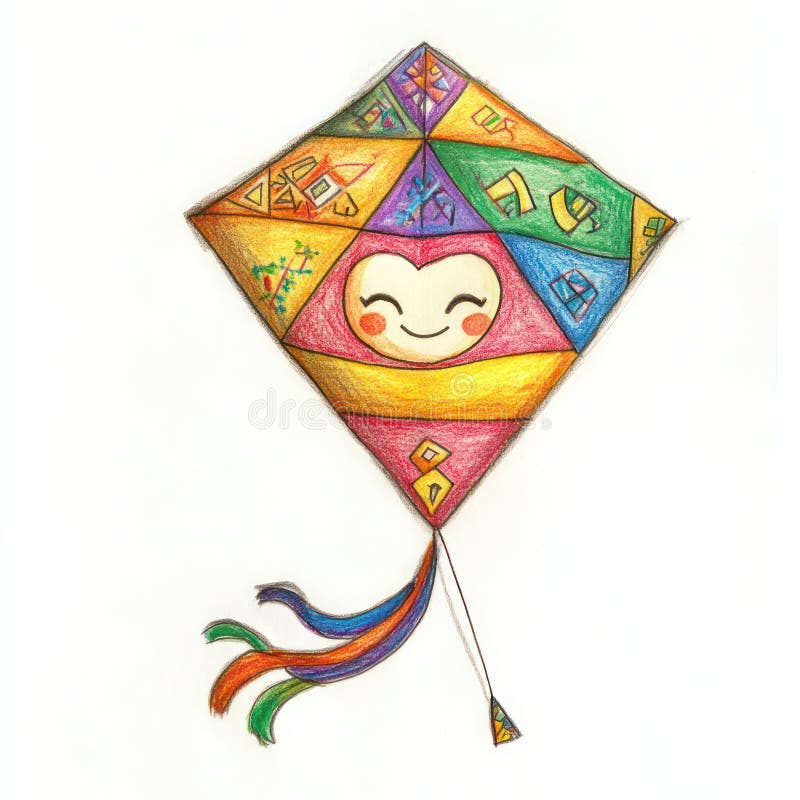 A Colorful Kite Flying with Patterned Tails and Smiling Face, Drawn in ...