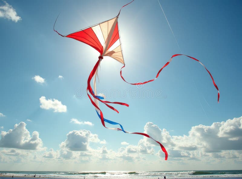 Colorful Kite Soaring in Clear Blue Sky at Sunlit Beach Stock Image ...