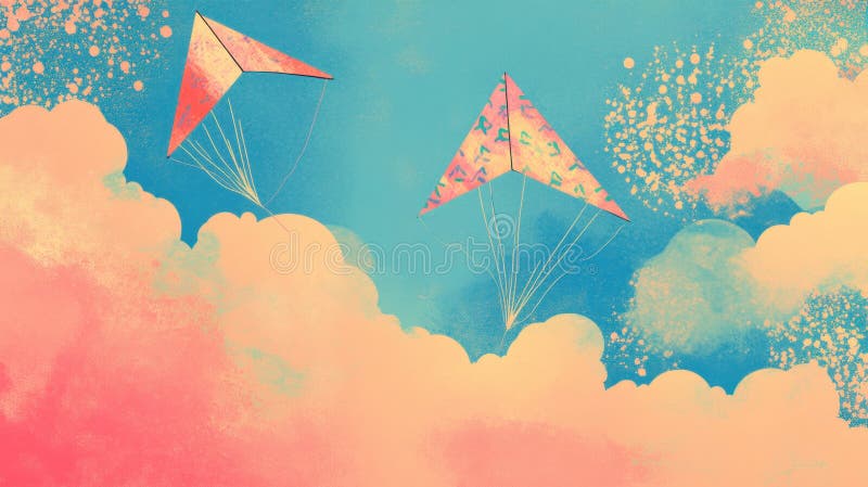 Colorful Kites Soaring through Fluffy Clouds in a Dreamy Retro ...