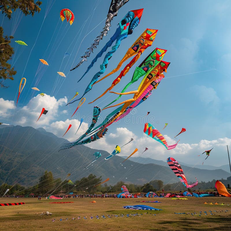 Colorful Kites Soaring in a Vibrant Sky Above a Field with Mountains in ...