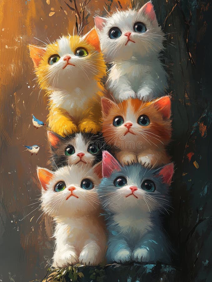 Colorful Kittens with Exaggerated Expressions, Whimsical Pet Stack ...