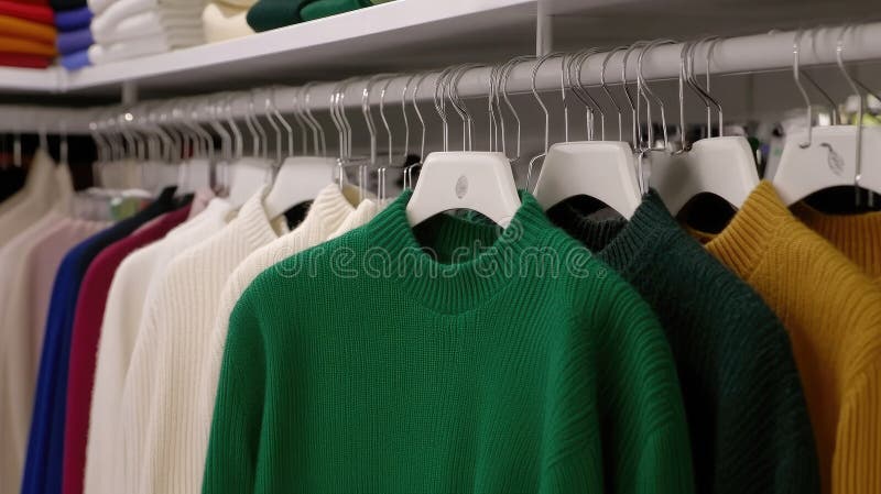 Colorful Knit Sweaters Displayed Neatly on Hangers in Retail Store ...