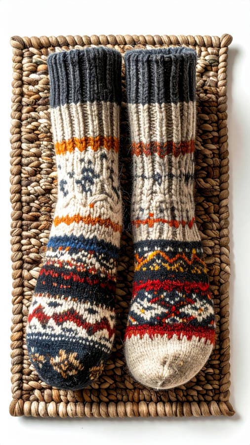 Colorful Knit Wool Socks on Woven Mat Stock Illustration - Illustration ...
