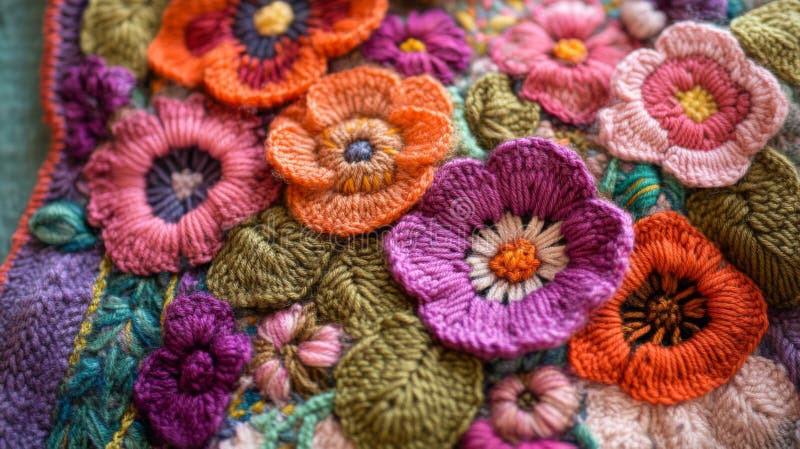 Colorful Knitted Flowers Textile Art Piece Stock Illustration ...