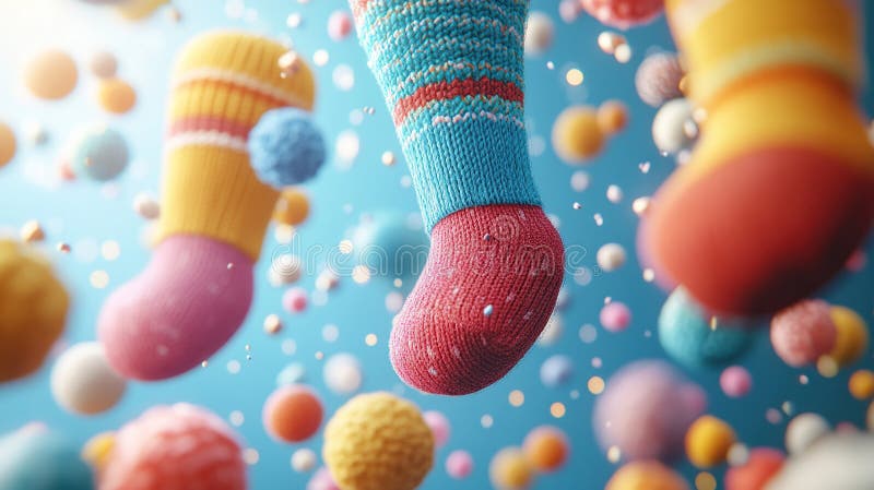 Colorful Knitted Socks and Spheres Float on a Blue Background Stock ...