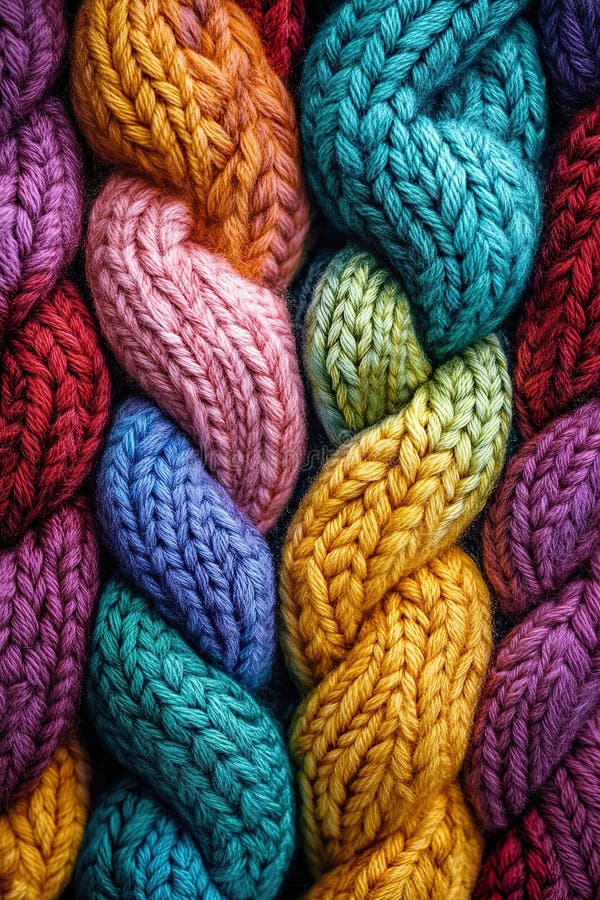 Colorful Knitted Texture with Braided Patterns in Soft Threads Stock ...