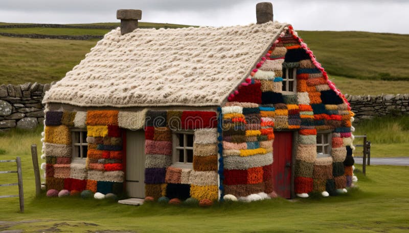Colorful Knitted Wool House on a Field of Grass, Home Insulation ...