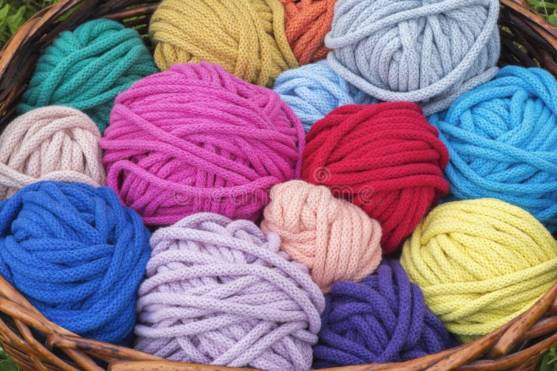 Colorful Knitting Wool Balls in a Wicker Basket Stock Image - Image of ...