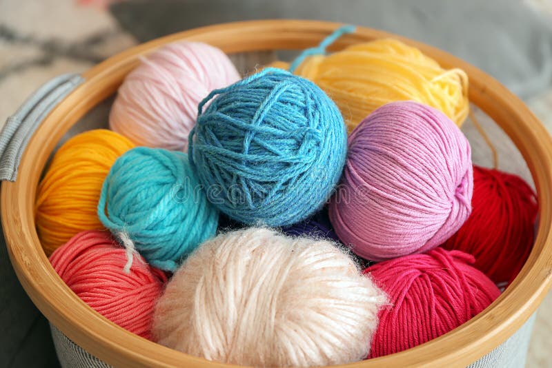 Colorful Knitting Yarn in Basket, Closeup Stock Photo - Image of bundle ...
