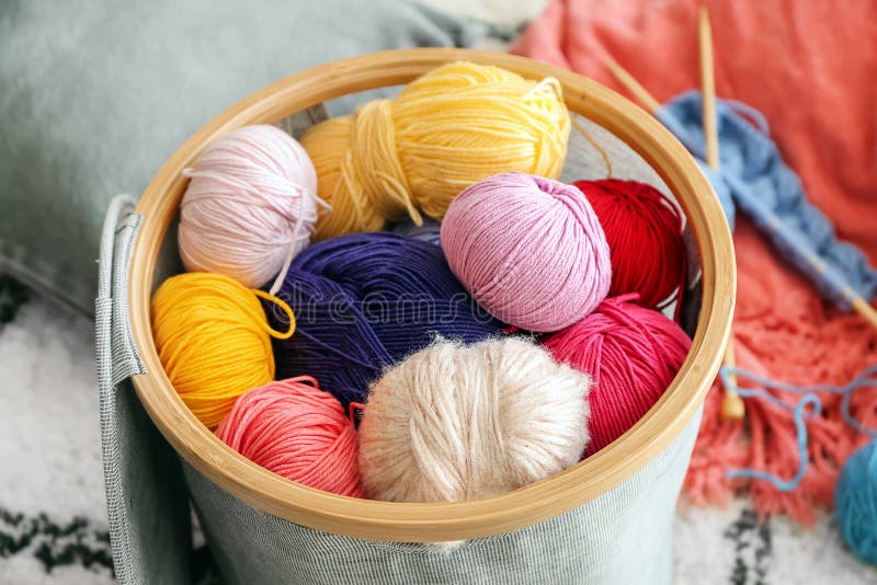 Colorful Knitting Yarn in Basket on Floor Stock Photo - Image of knit ...
